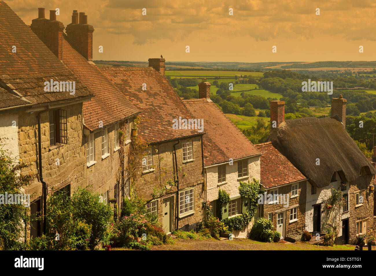 Gold Hill and view over Blackmore Vale Shaftesbury, Dorset, England UK ...