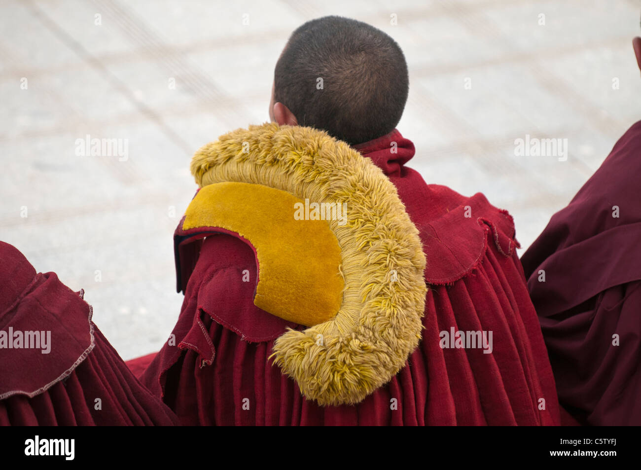 Yellow Hat Sect Tibetan Buddhist monks attend evening prayers, Longwu ...