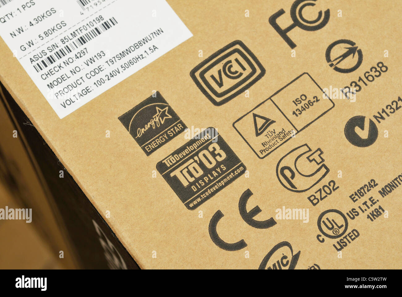 label and different symbols on cardboard box Stock Photo - Alamy