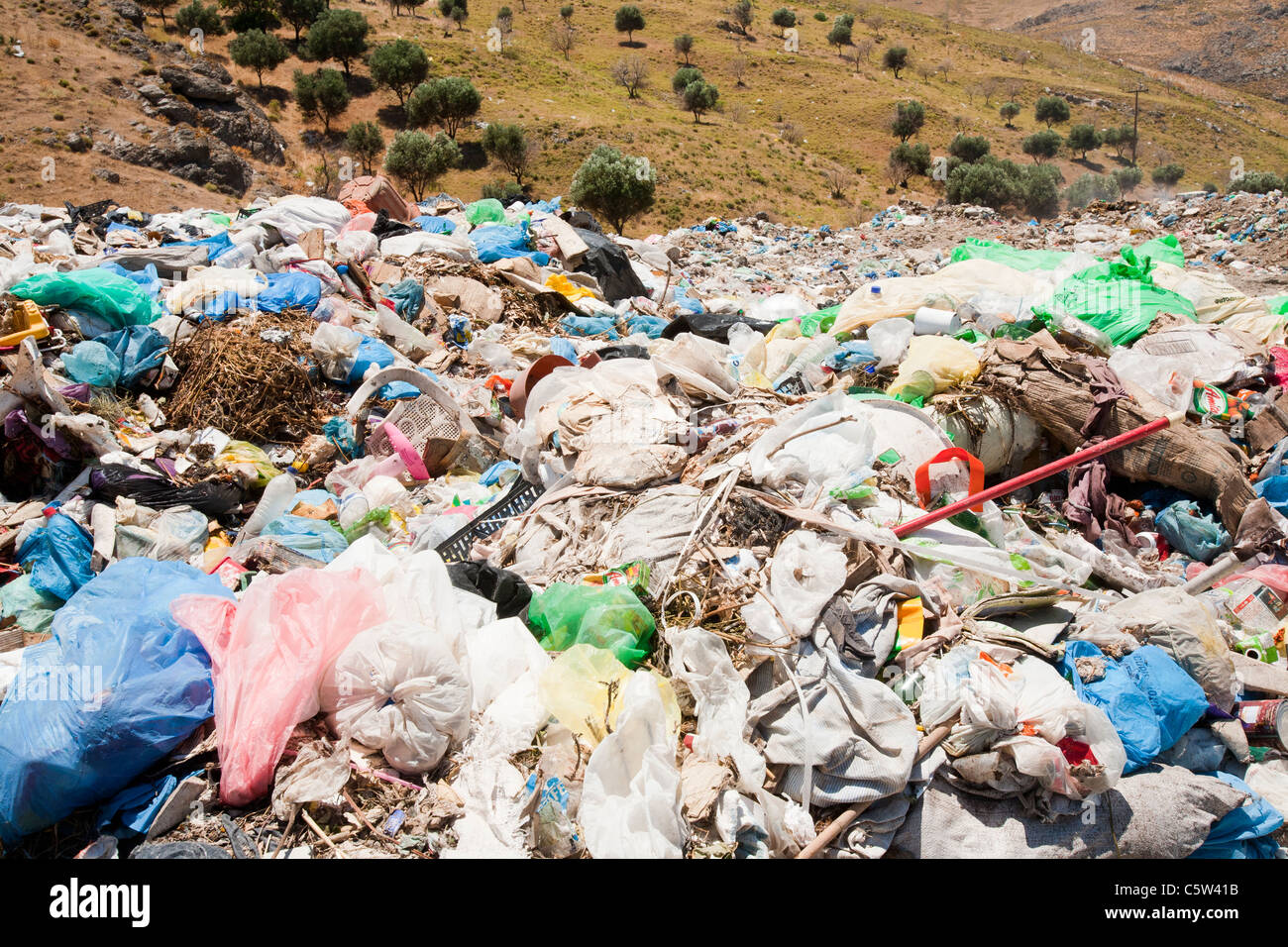A landfill site in Eresos, Lesbos, Greece. As many islands, rubbish is ...