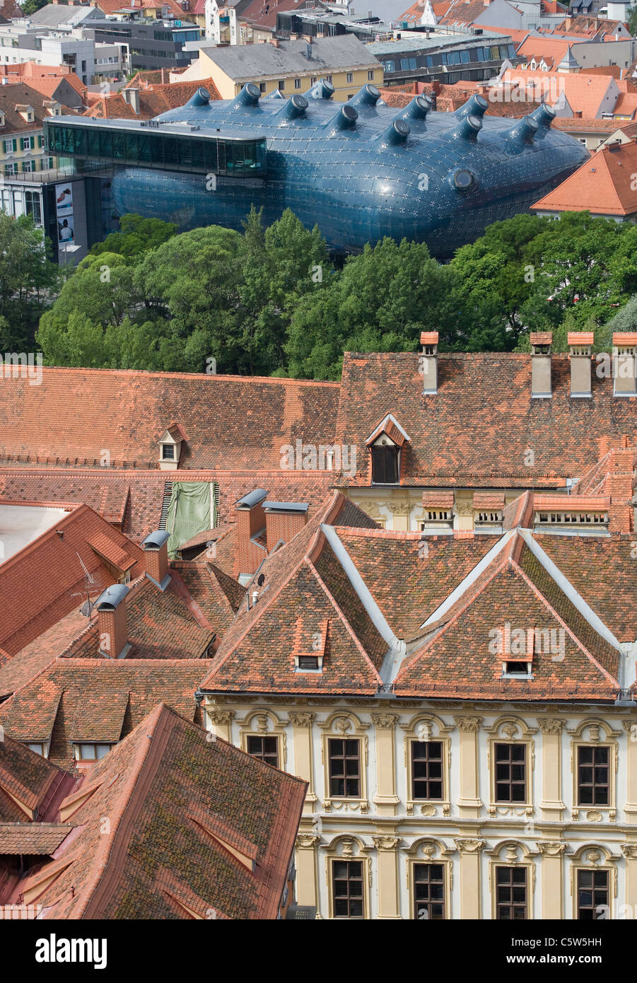 Austria, Styria, Graz, Elevated view of town with museum building Stock ...