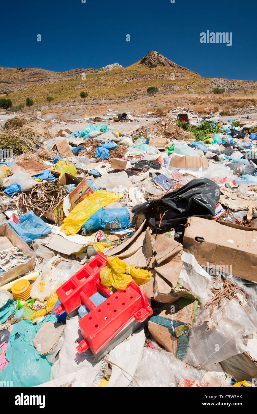 A landfill site in Eresos, Lesbos, Greece. As many islands, rubbish is ...