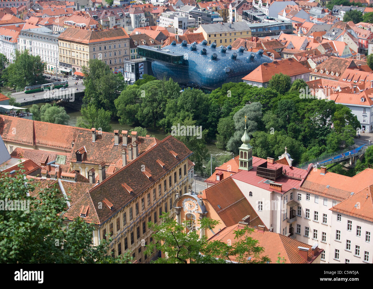 Austria, Styria, Graz, Elevated view of town with museum building Stock ...