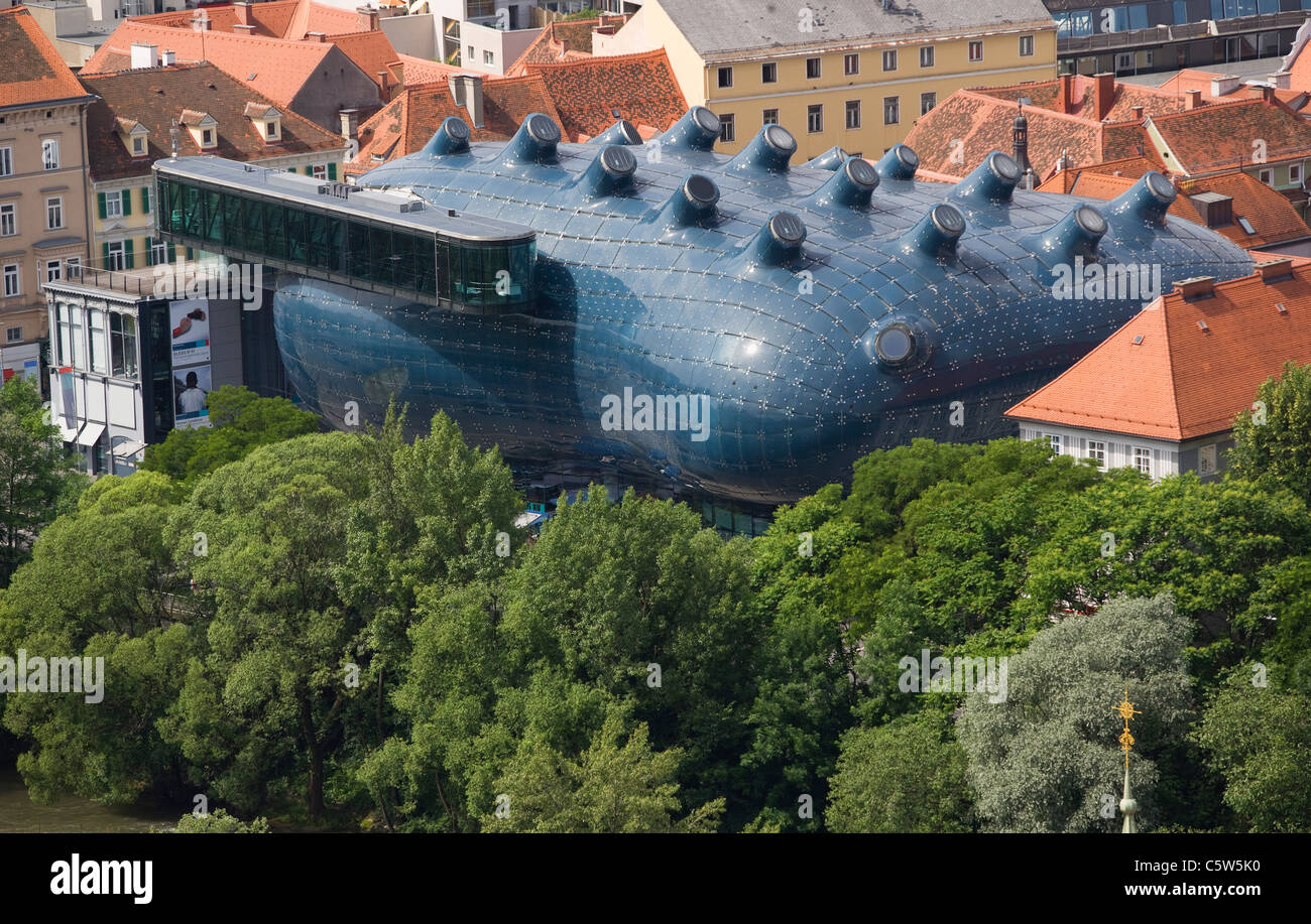 Austria, Styria, Graz, Elevated view of town with museum building Stock ...