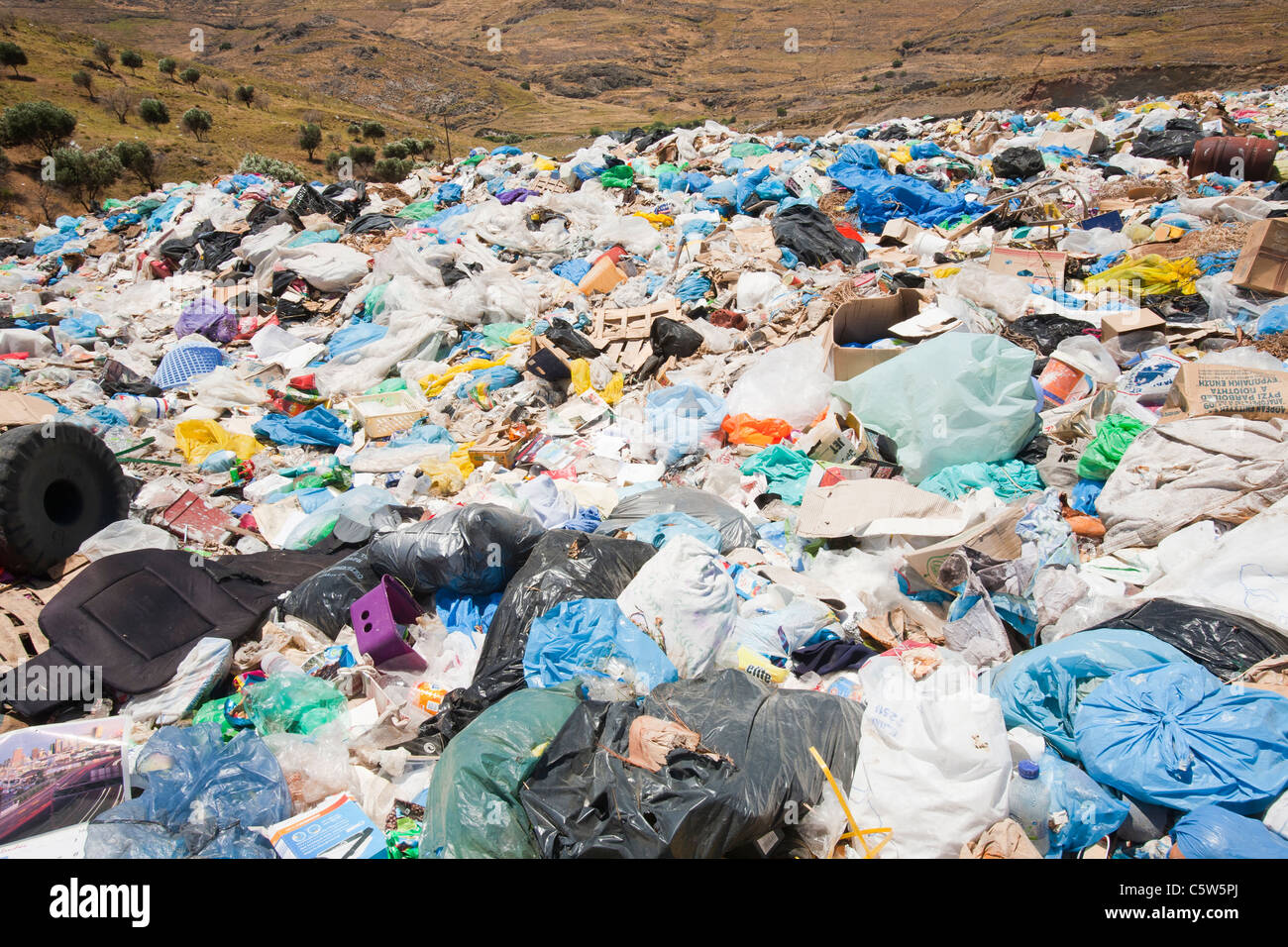 A landfill site in Eresos, Lesbos, Greece. As many islands, rubbish is ...
