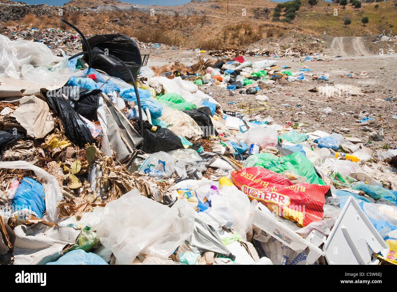 A landfill site in Eresos, Lesbos, Greece. As many islands, rubbish is ...