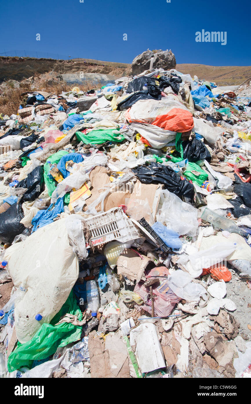 A landfill site in Eresos, Lesbos, Greece. As many islands, rubbish is ...