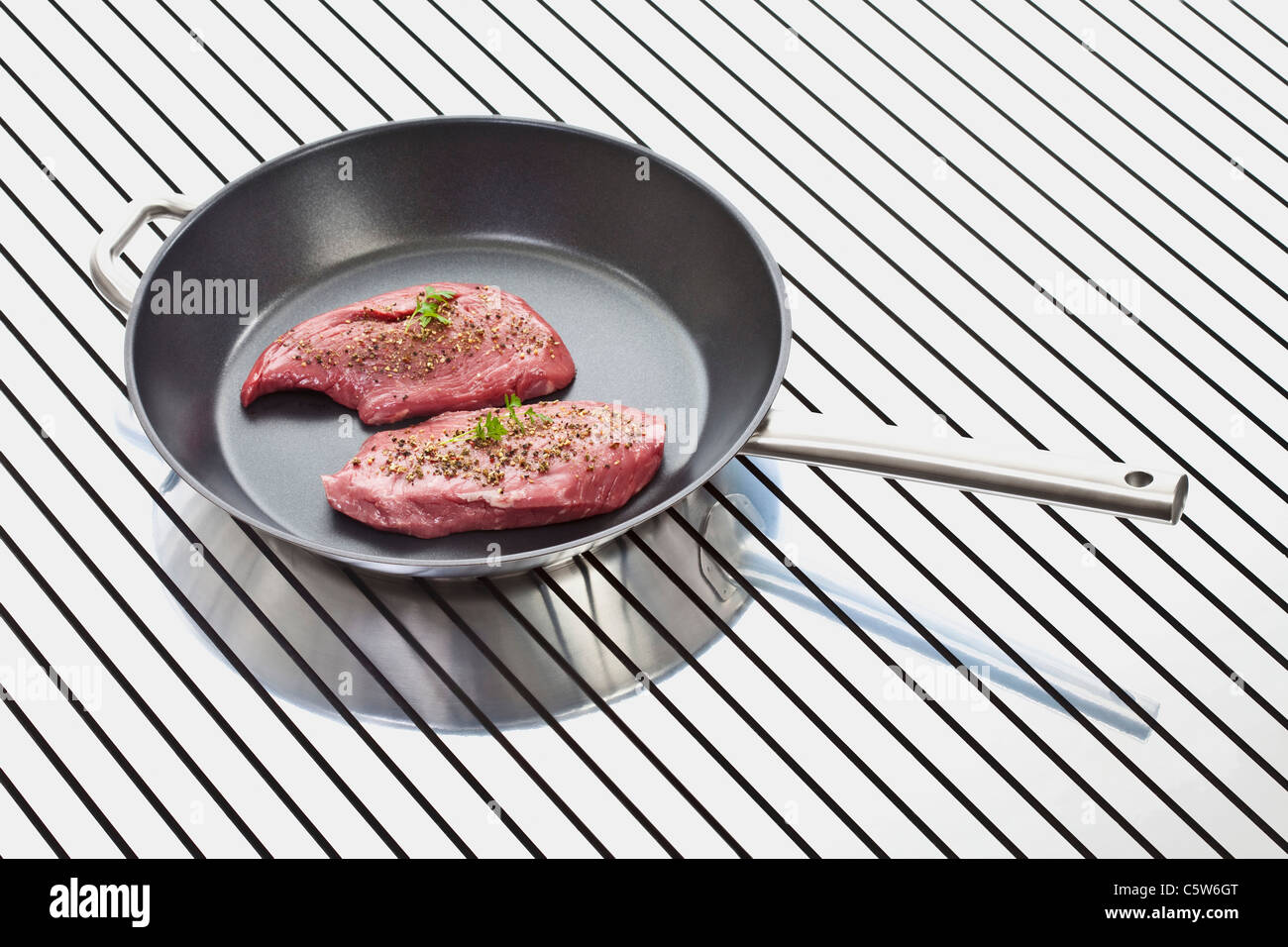 Raw steak in frying pan, elevated view Stock Photo - Alamy