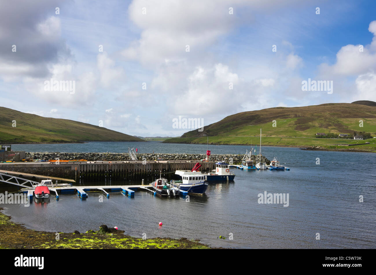 Voe, Shetland Islands, Scotland, UK. Fishing boats moored by pier in ...
