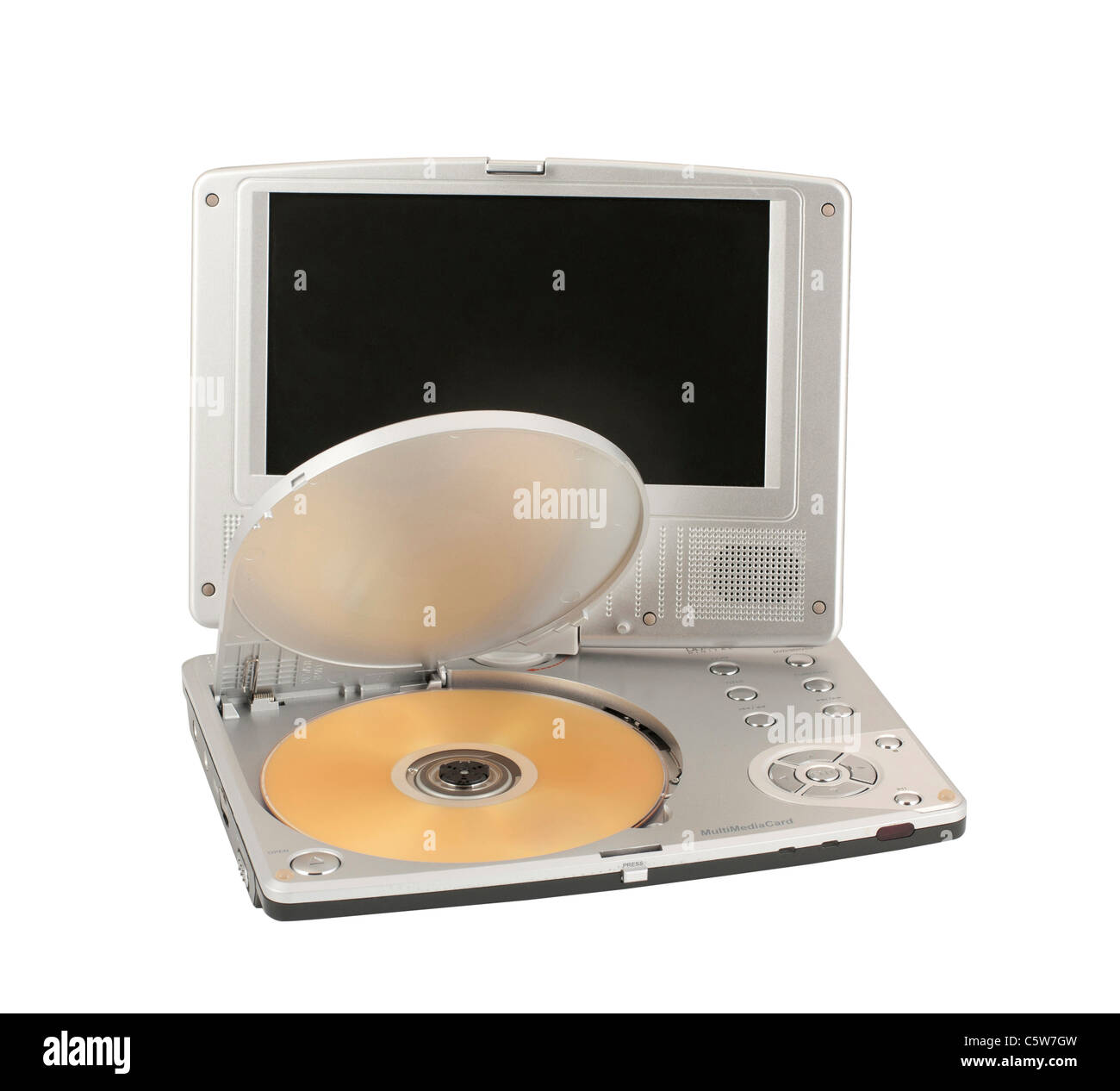 Portable DVD player isolated on white background with the lid open for ...