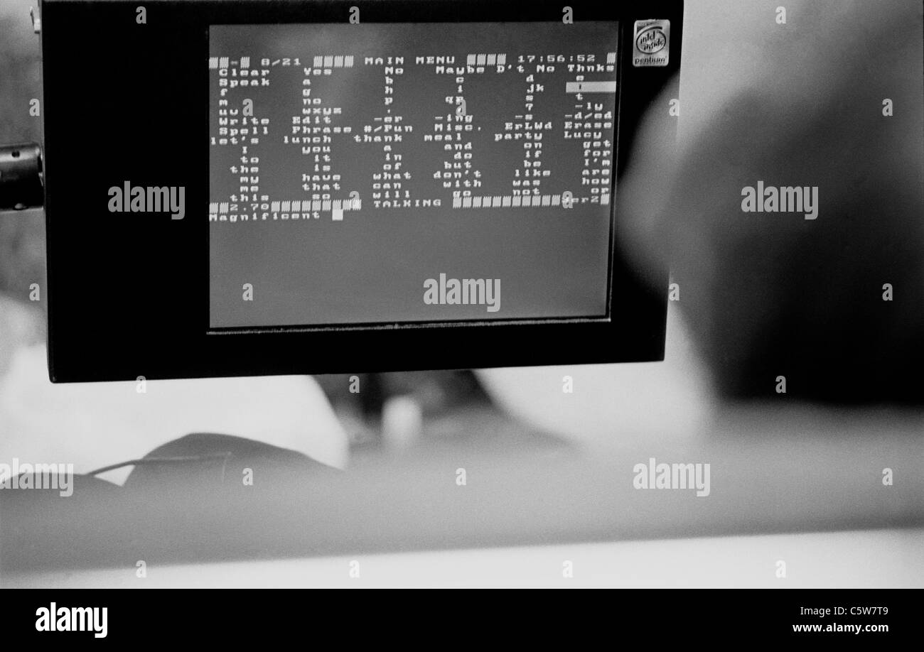 Back view of Physicist Stephen Hawking looking at his computer screen ...