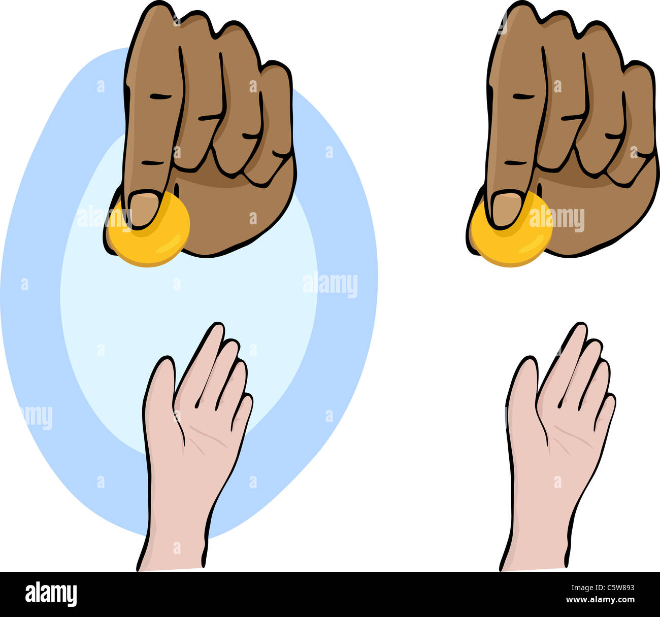 Hands and giving a gold coin symbolizing charity for Ramadan, Christmas ...