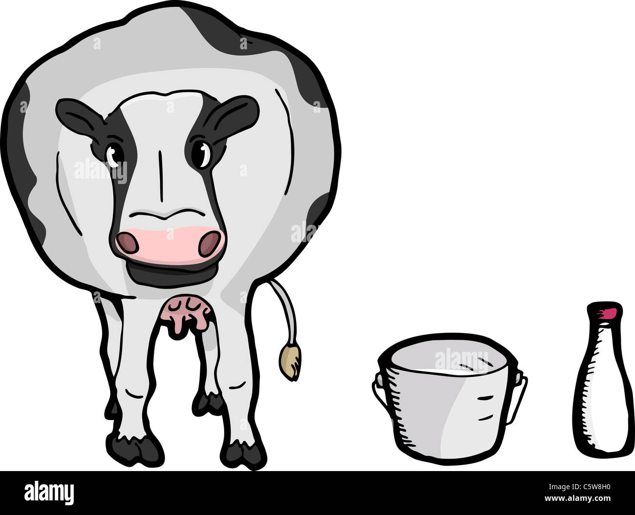 Cute fat dairy cow with pail and bottle of milk Stock Photo - Alamy