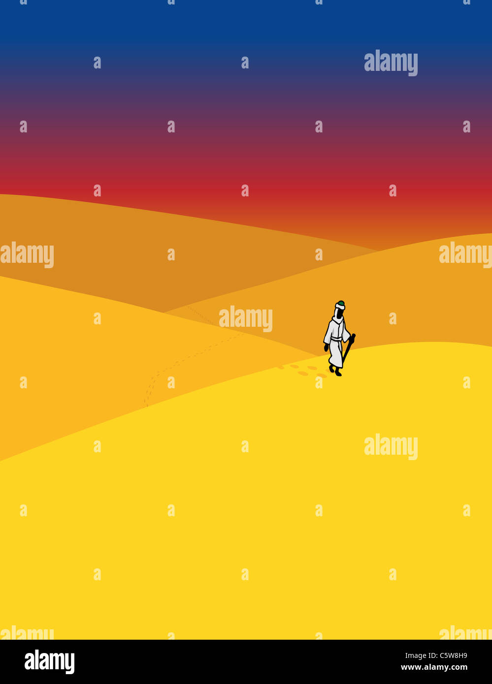 A Muslim holy man in traditional Arab garb walking through a desert ...