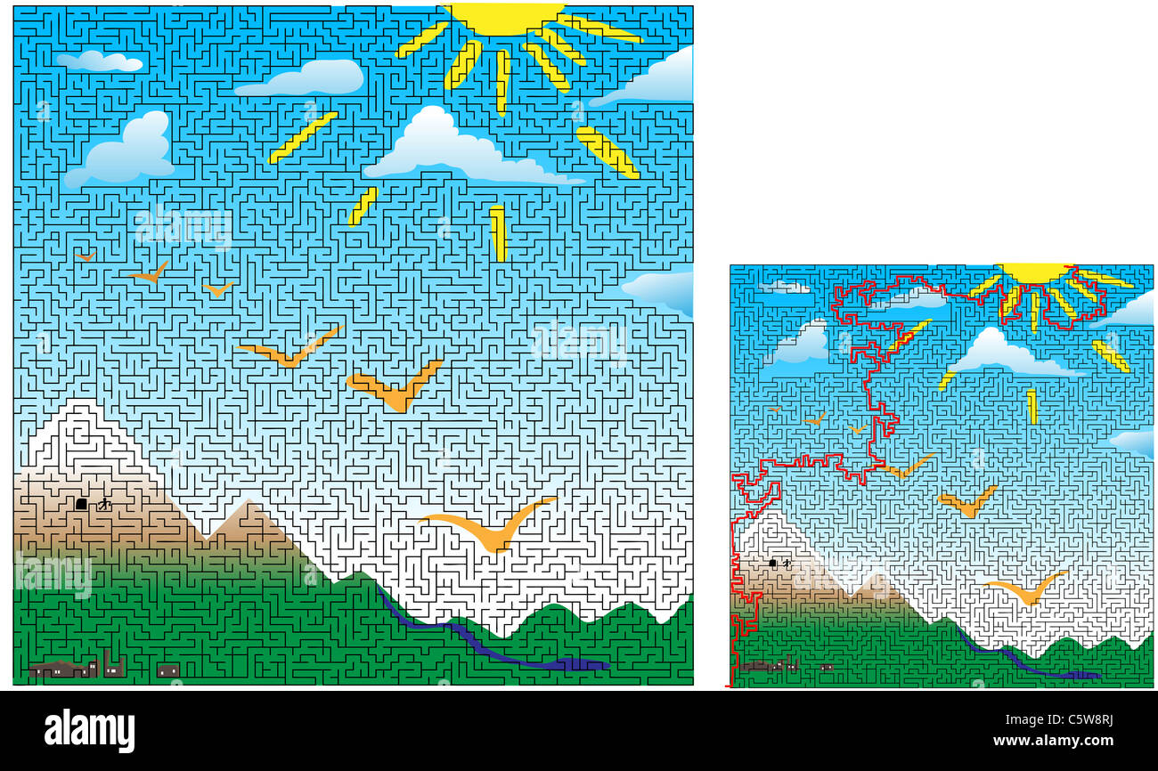 An advanced level maze drawn around a mountain villa scene. Includes ...