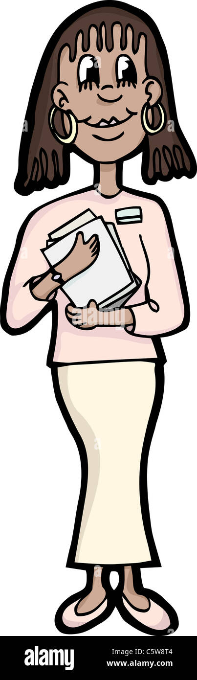 Cute cartoon female office worker hold stack of papers Stock Photo - Alamy