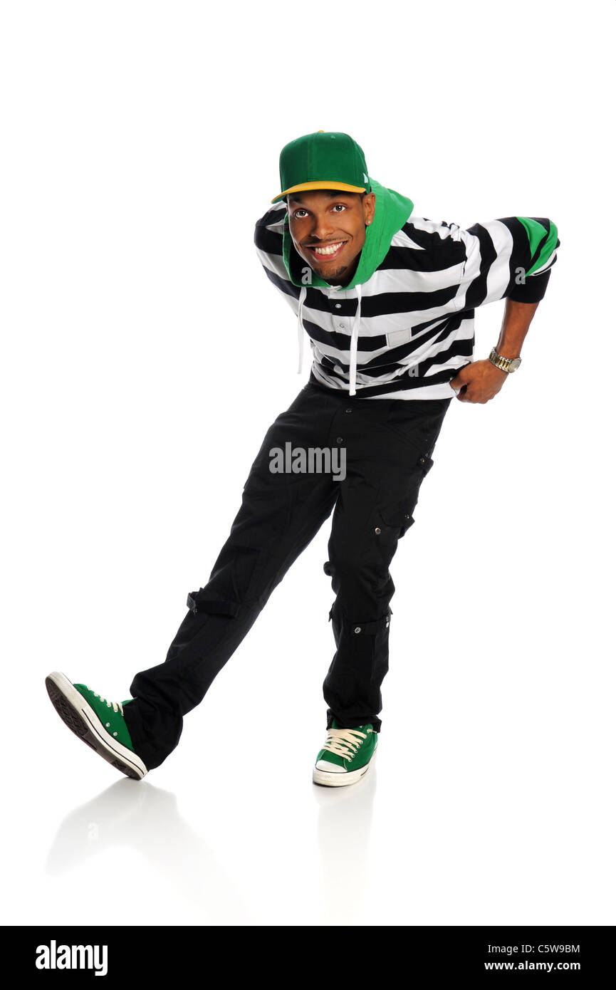 Portrait of African American hip hop dancer isolated over white ...