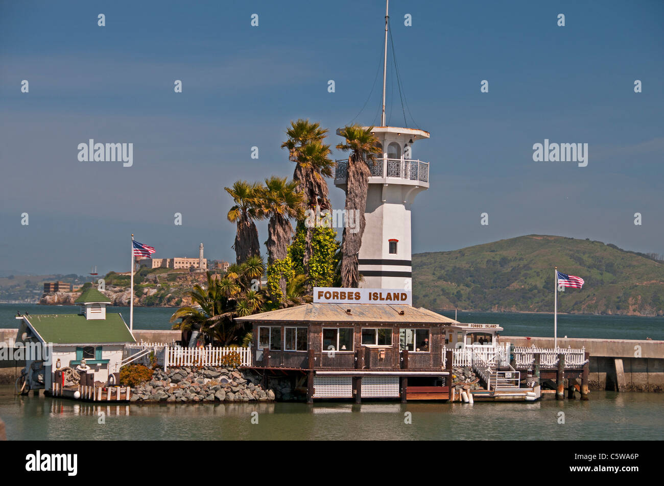 Forbes Island (Alcatraz Island in background), off Pier 39, San ...