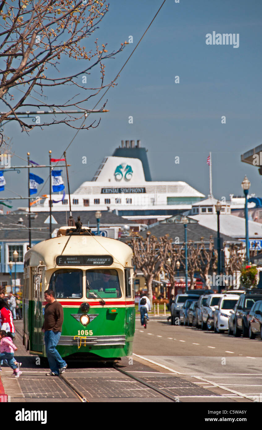 F-line trolley on Jefferson Street at Fishermans Wharf, San Francisco ...