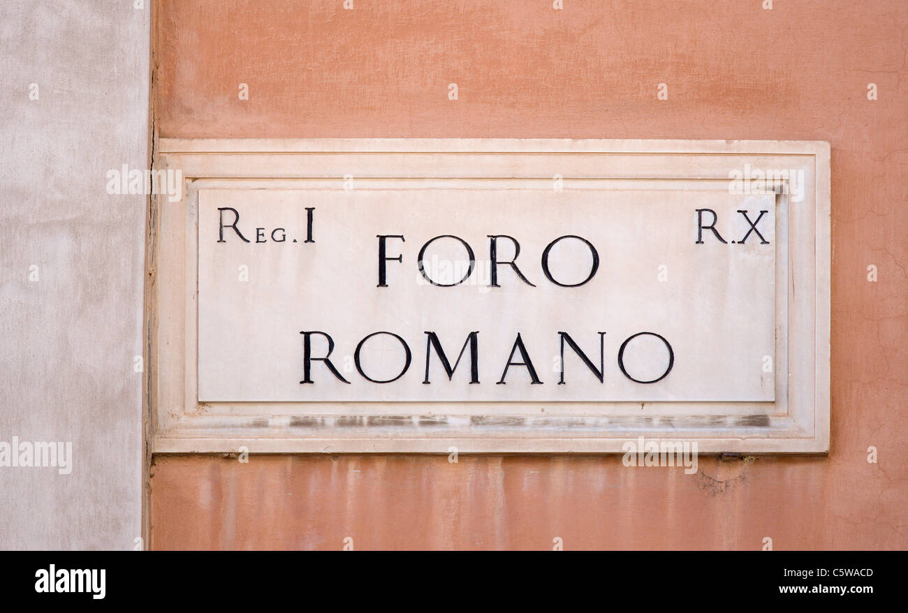Italy, Rome, road sign on wall, Foro Romano, Roman Forum, close up ...