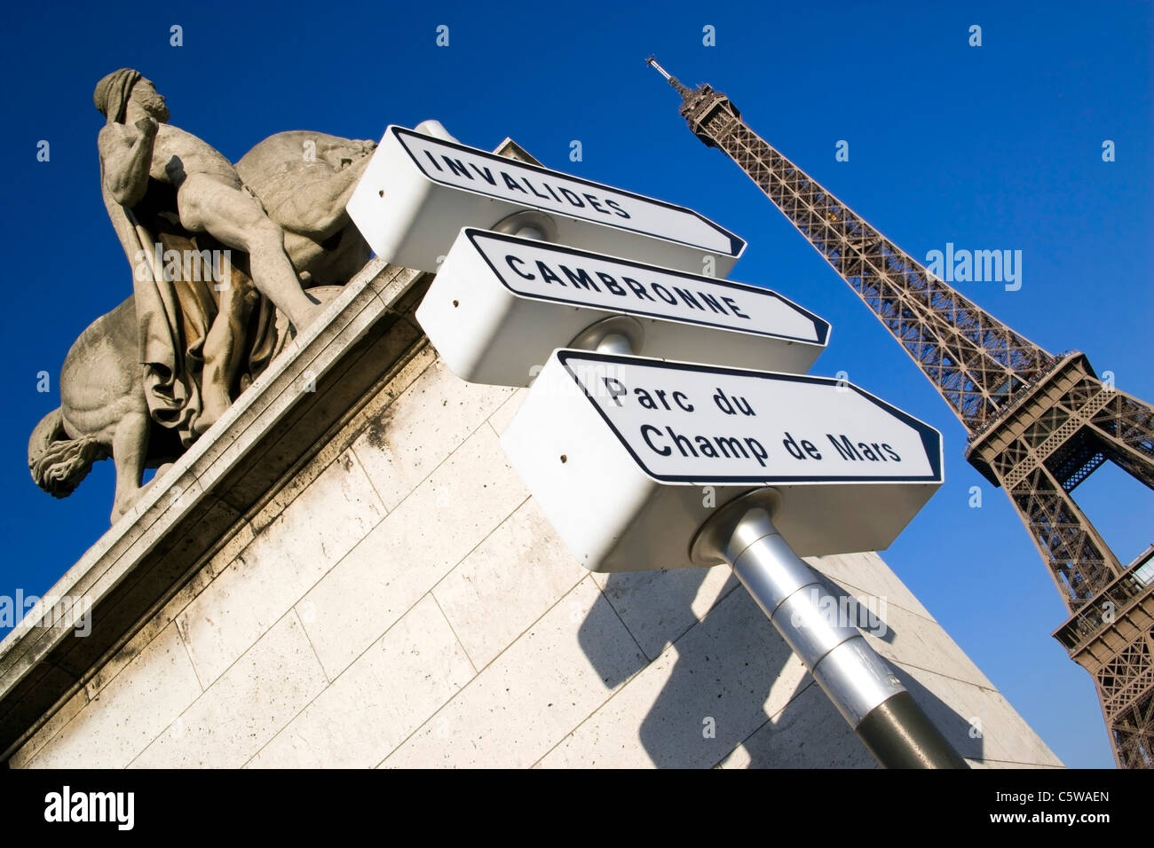 France, Paris, Pont d Lena, Sign posts, Eiffel Tower in background ...