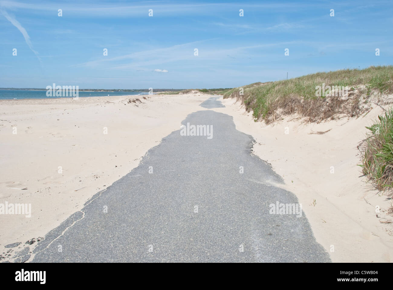 A paved walkway at Horseneck Beach is used by locals for morning walks ...