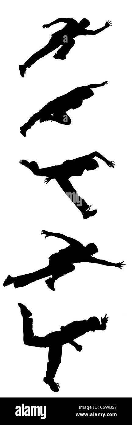 Silhouettes taken from photos of a stuntman at different stages of one ...