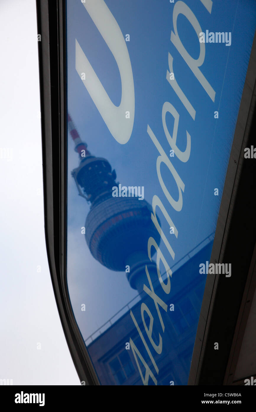 Germany, Berlin, Alexanderplatz, Underground sign, TV tower reflection ...