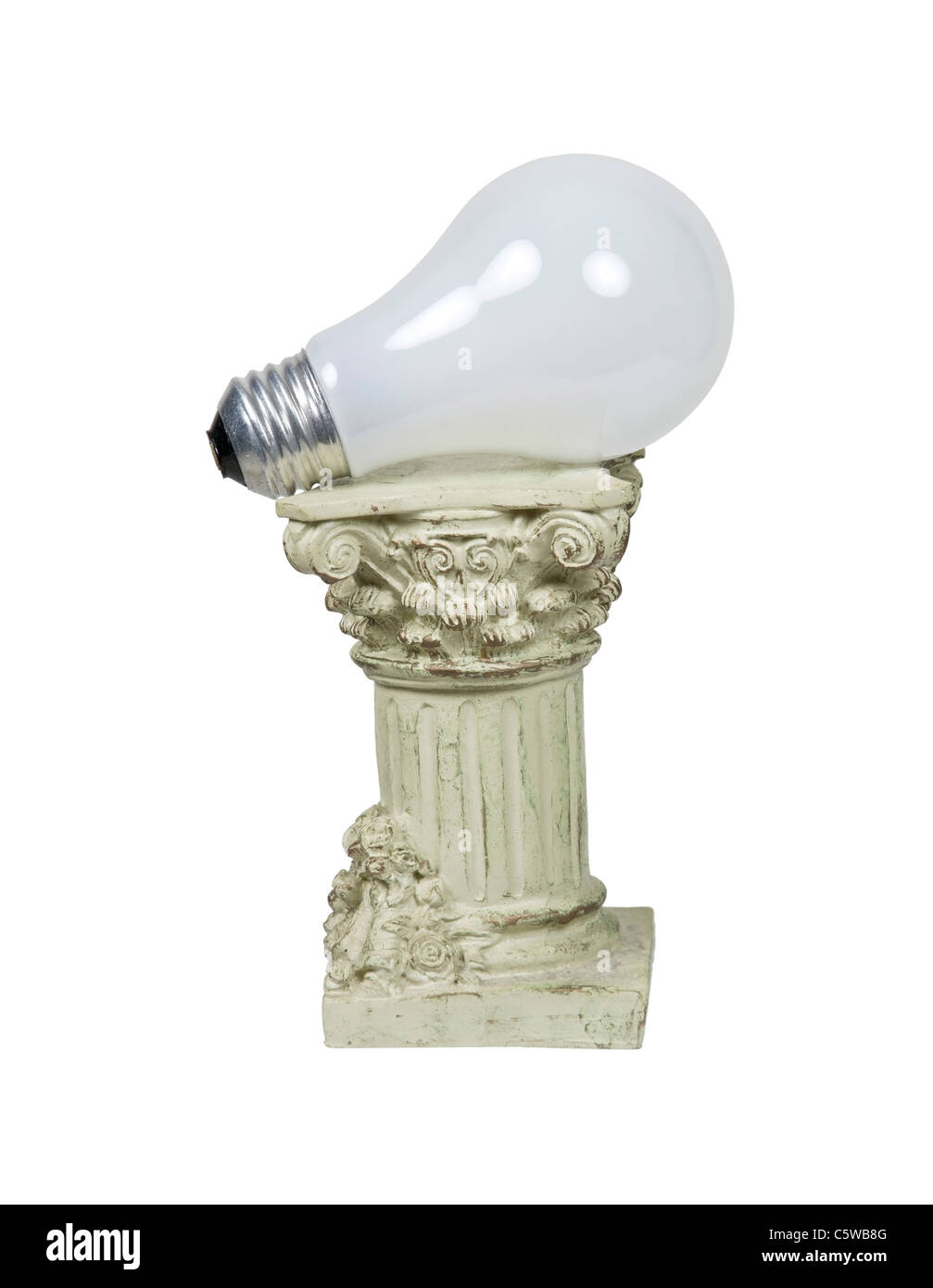 Retro power shown by a round light bulb on a stone formal pedestal for ...