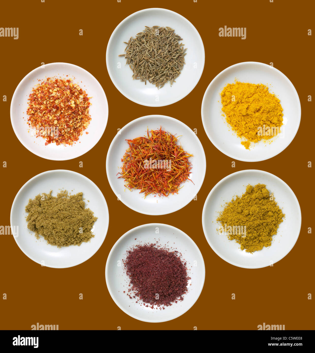 Variety of spices on plates, elevated view Stock Photo - Alamy