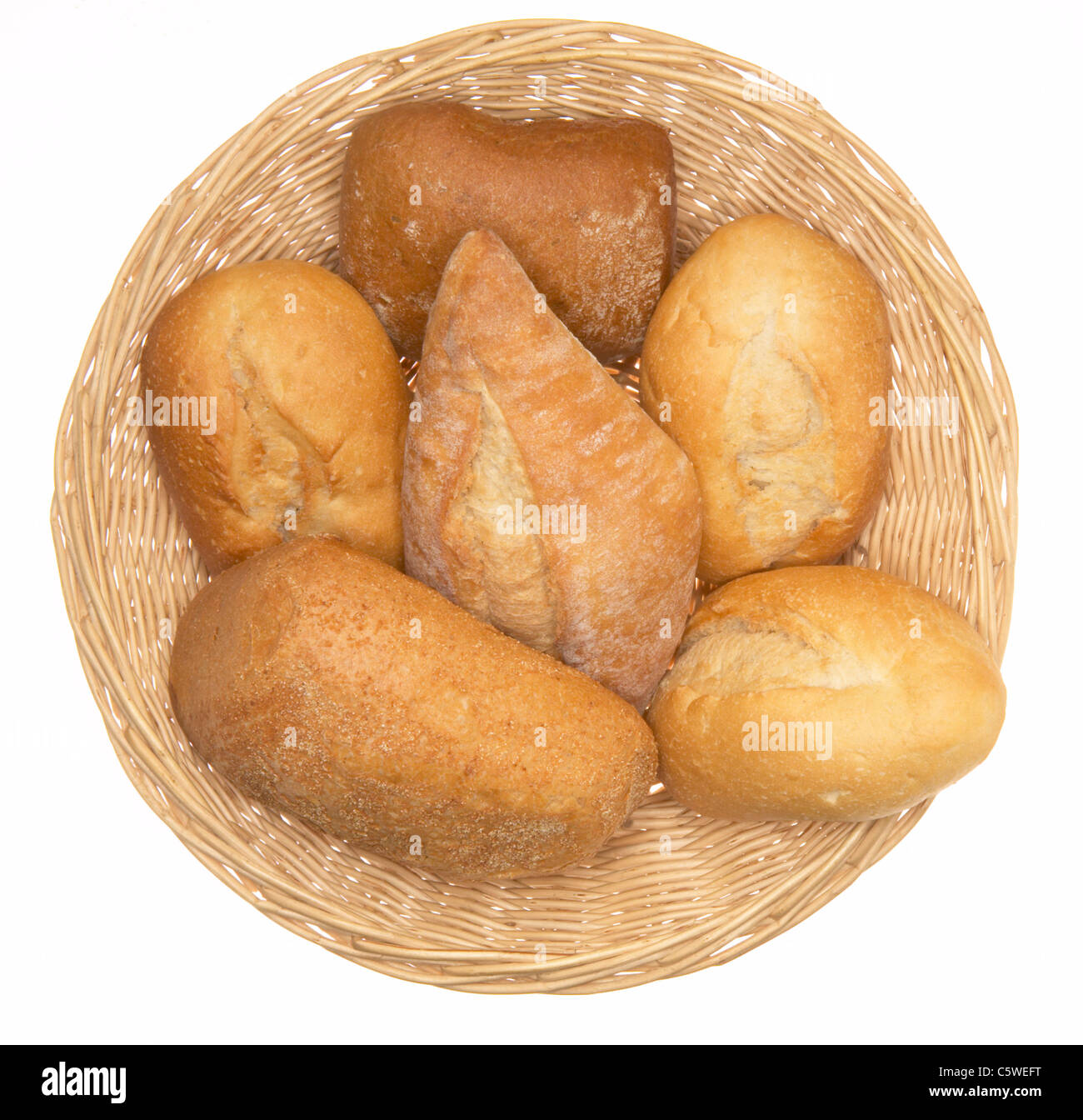 Different bread rolls in bread basket, elevated view Stock Photo - Alamy