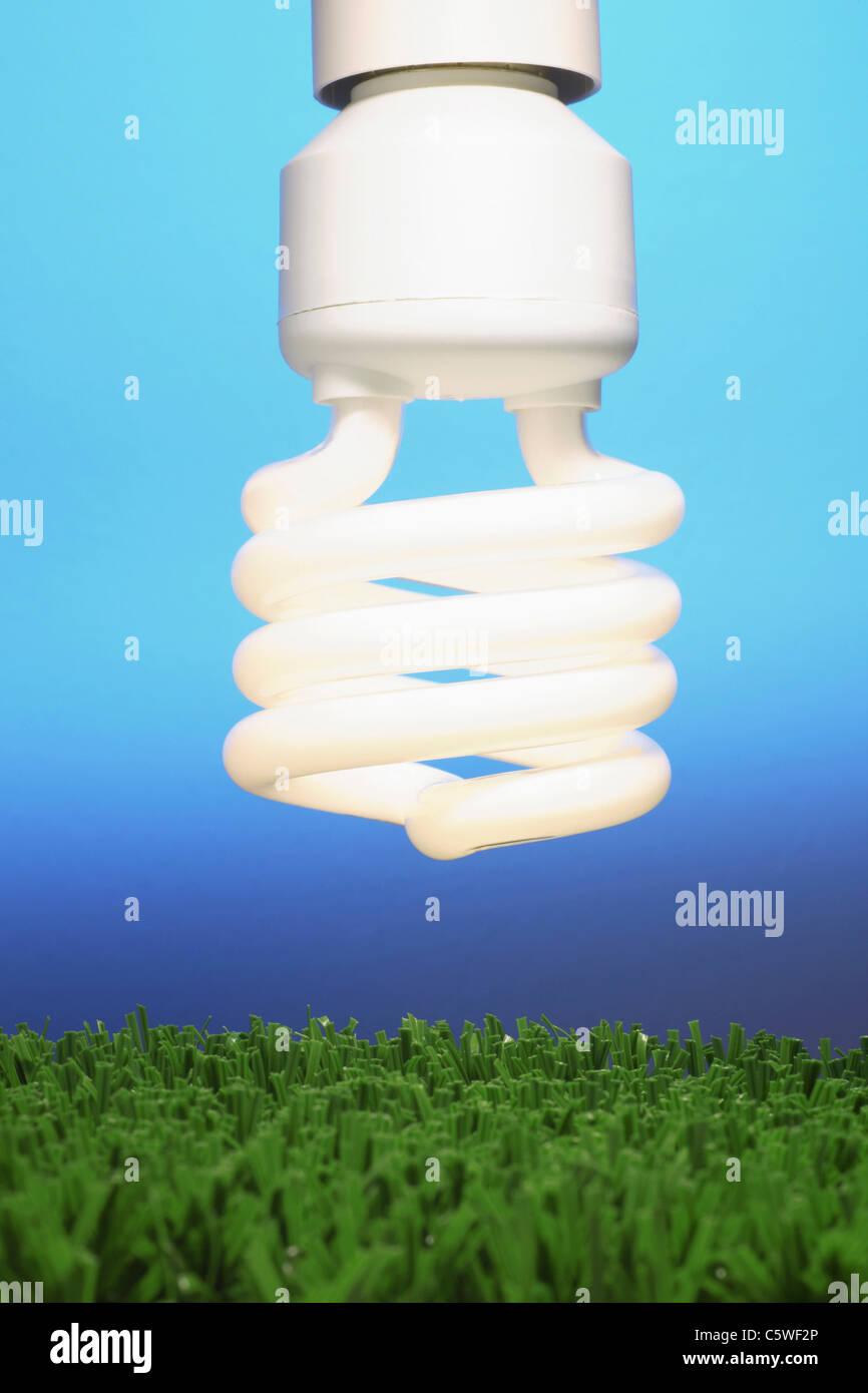 Energy saving lamp, green grass, close up Stock Photo - Alamy