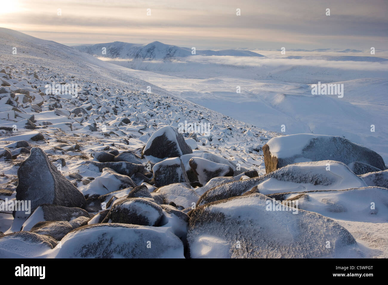 Winter view from Creag Chalamain to Sgor Gaoith, Grampian mountains ...