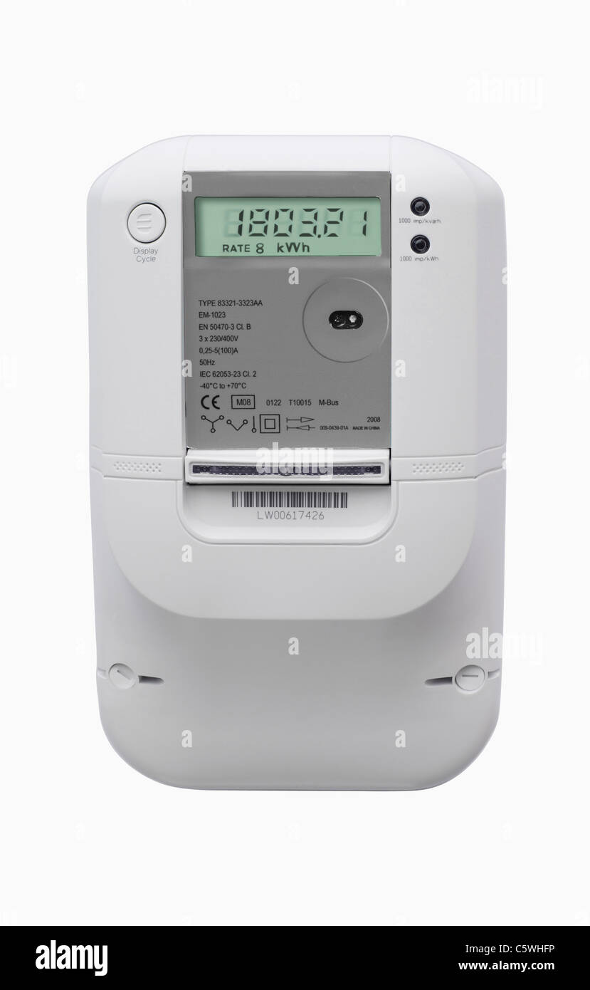 Electronic meter against white background Stock Photo - Alamy