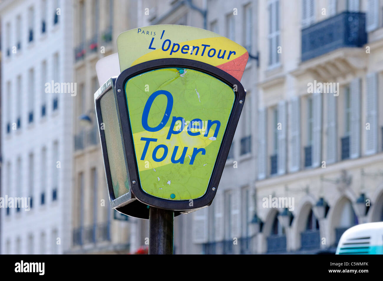 Sign for the "L'OpenTour" pick up point for the Paris tourist bus Stock ...