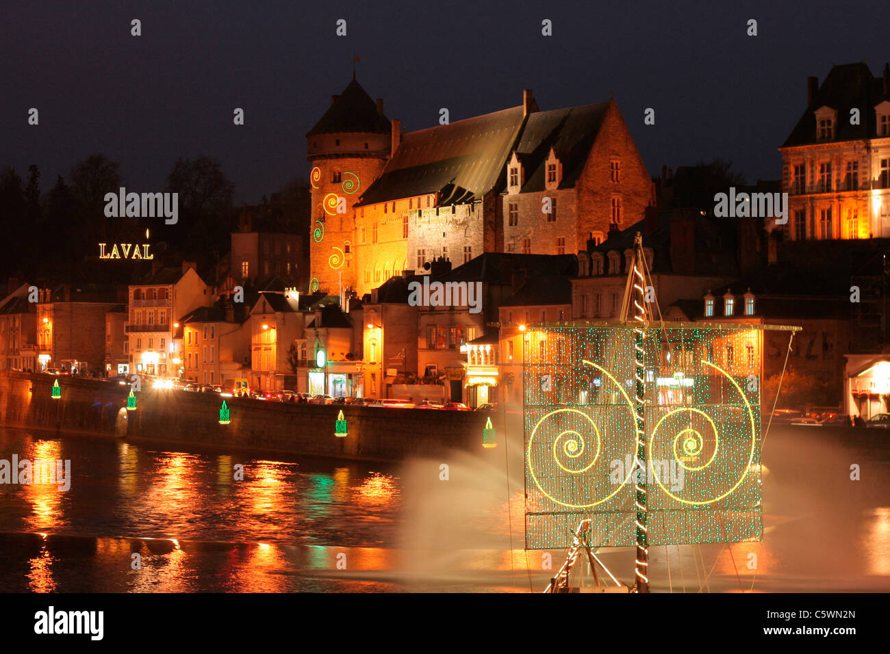 The city of Laval, castle, illuminated during the holidays of Christmas ...