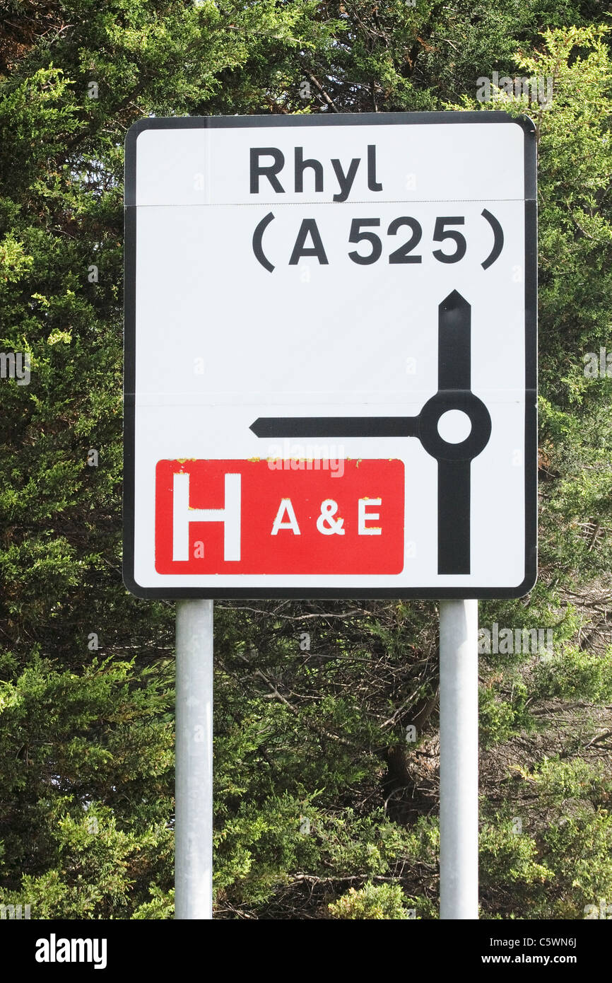 A roadside sign directing traffic to a Hospital with an A&E department ...