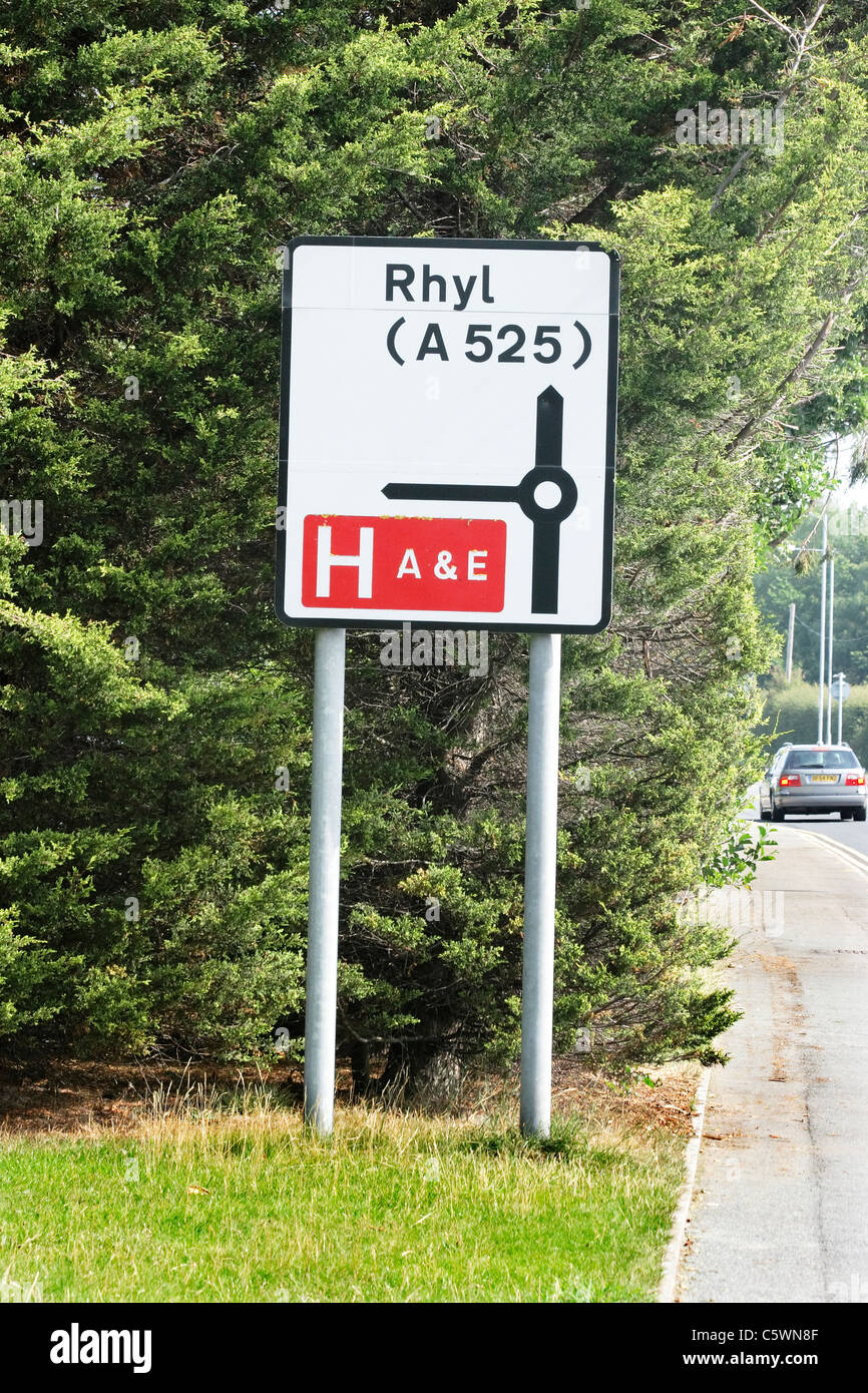 A roadside sign directing traffic to a Hospital with an A&E department ...