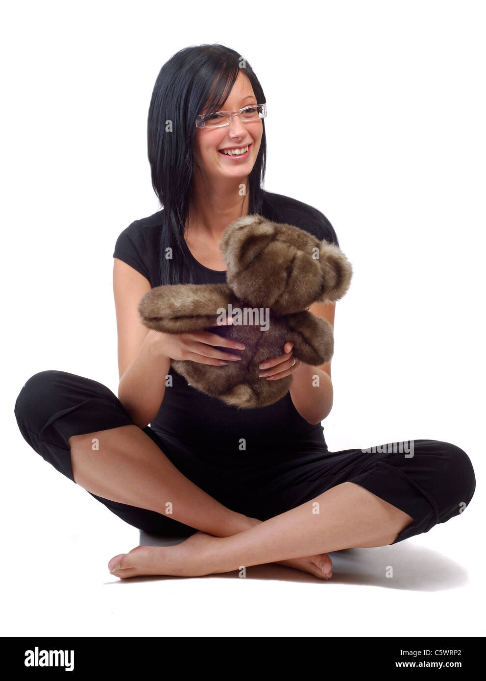 Beautiful Young Woman Sat With A Tedy Bear Toy, Isolated Over White ...
