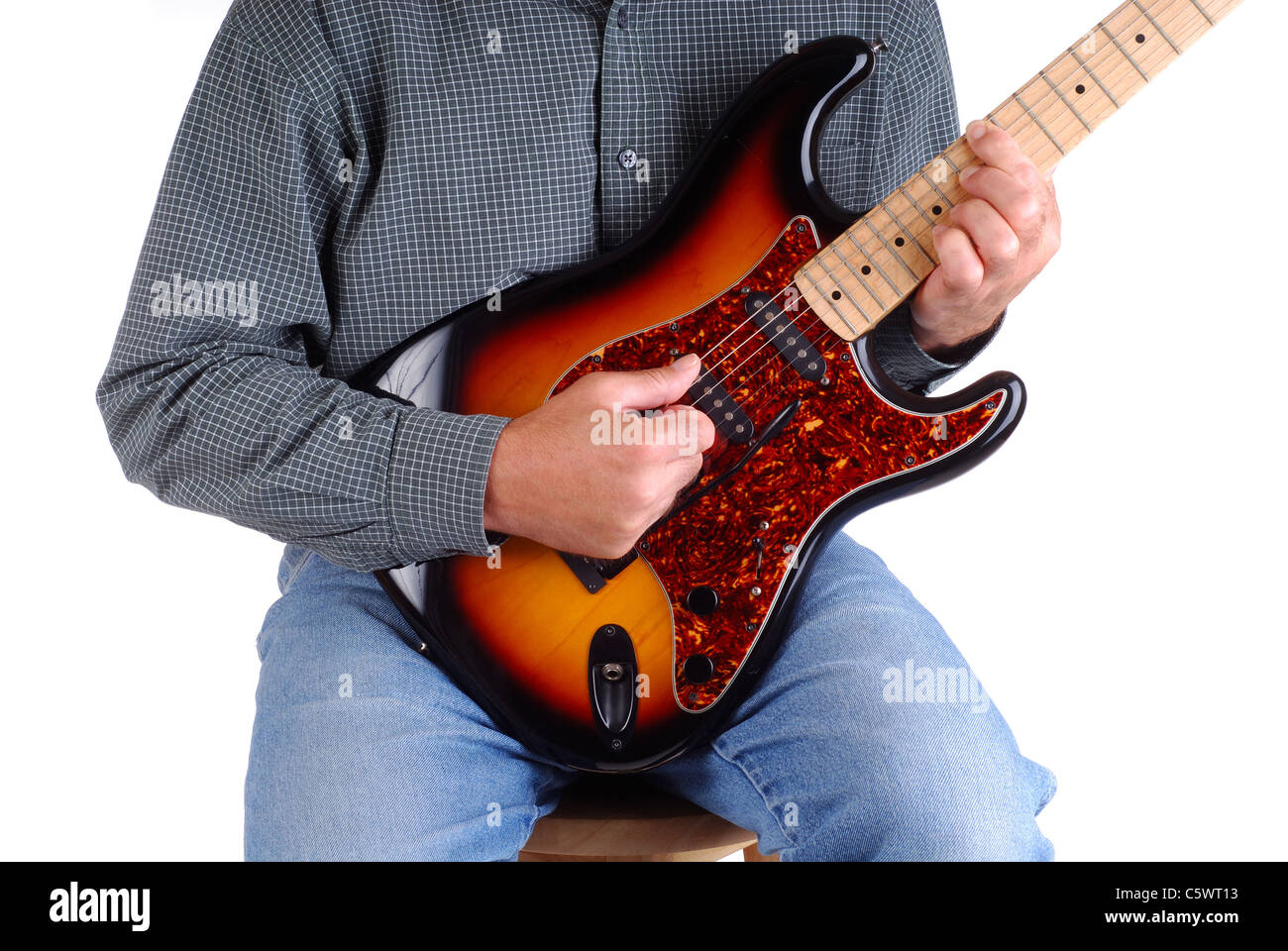 Man Playing A Six String Lead Guitar, Isolated Over White Stock Photo ...
