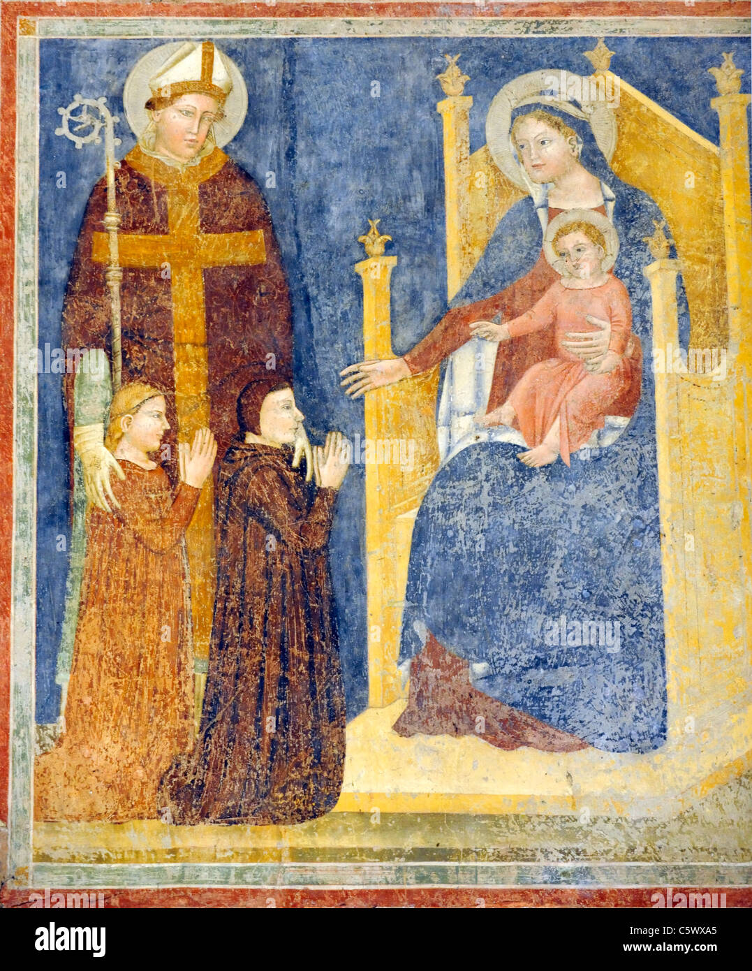 A votive fresco panel depicting the Virgin Mary enthroned with child in ...