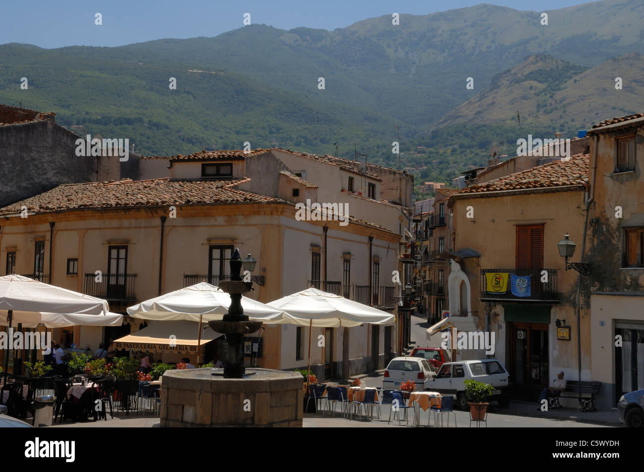 The town square of Castelbuono in the Madonie Mountains of Sicily Stock ...