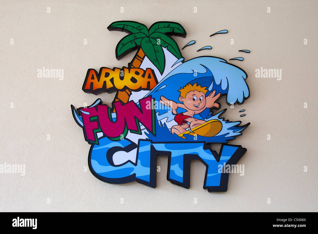 Aruba fun city sign on a wall at the Palm Beach Plaza, Aruba, Dutch ...