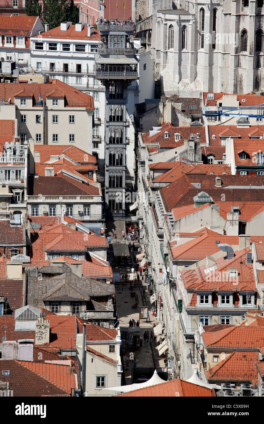 A view of the Elevador de Santa Justa (Santa Justa Lift) and Rua de ...