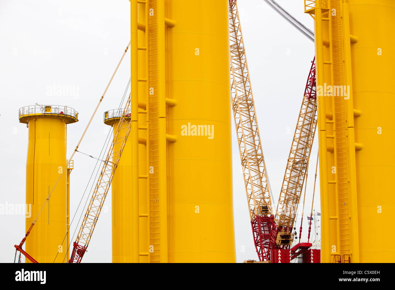 Transition pieces for the Walney offshore wind farm on the docks at ...