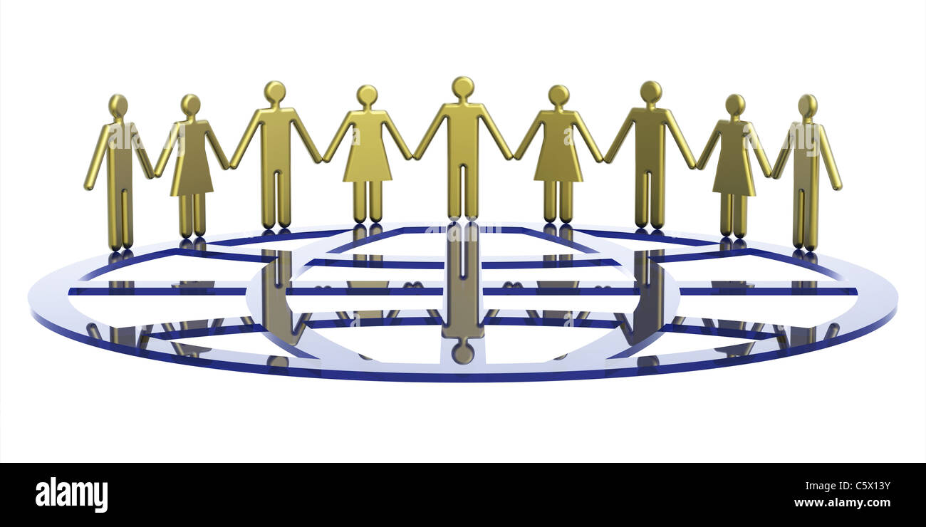 Group of symbol people around a globe in a spirit of togetherness, 3D ...