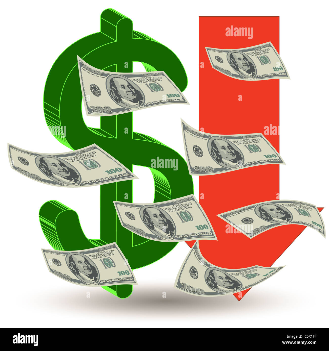 Crisis finance - the dollar symbol arrow downward - devaluation money ...
