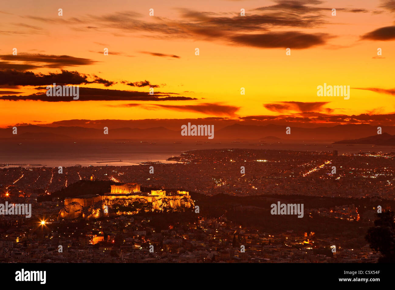 The Acropolis of Athens around sunset. View from Lycabettus hill Stock ...