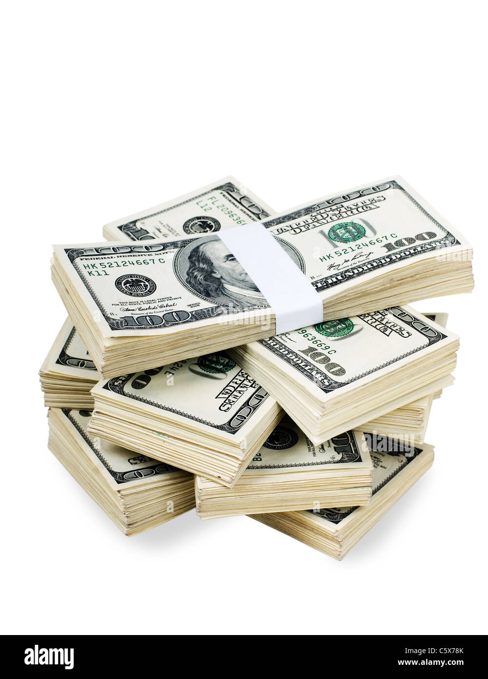 Huge stack of prop money. Bundled in $10000 dollar stacks. Isolated on ...
