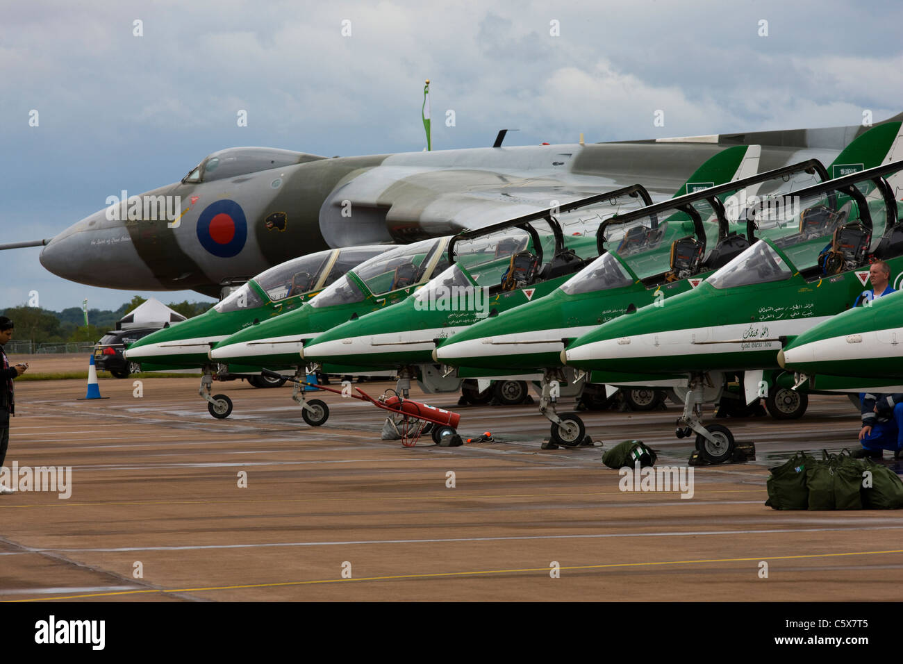 Saudi Hawks aerobatic display team with Vulcan Bomber in the background ...